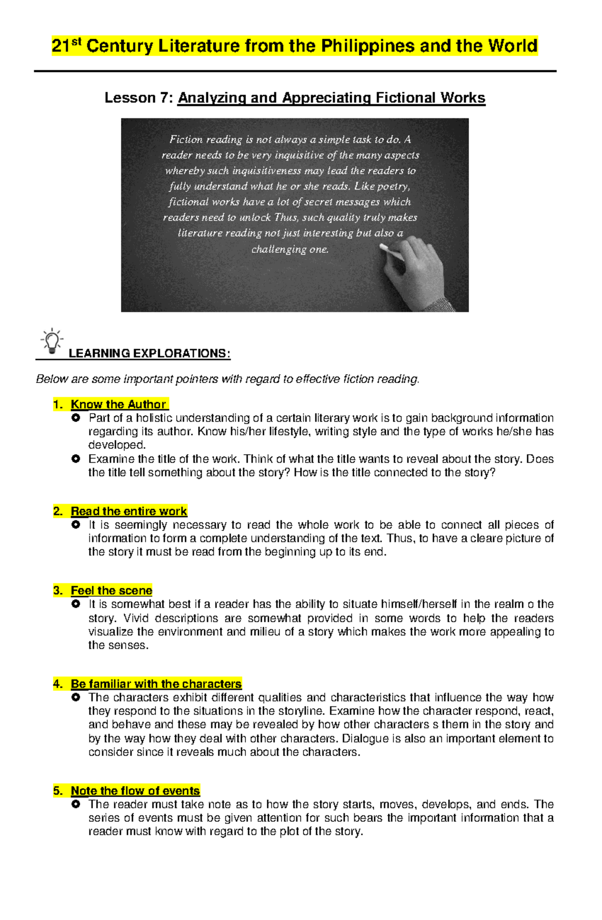 21st Century Literature - Lesson 7-Analyzing and Appreciating Fictional ...
