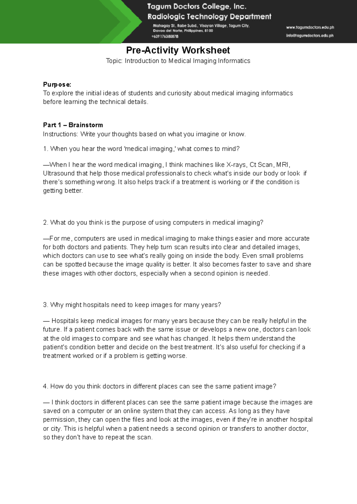 RT207 - Pre-Activity Worksheet: Intro to Medical Imaging Informatics ...