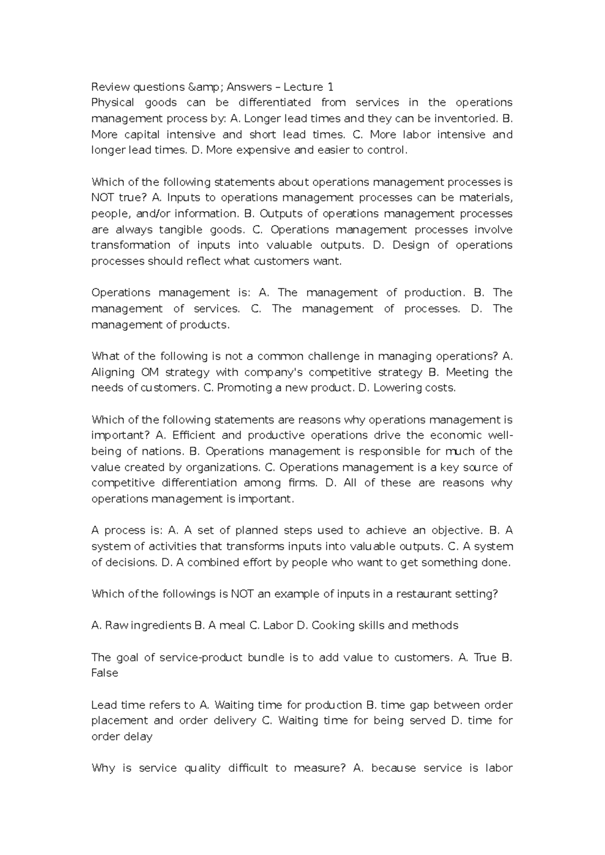 Review Questions Answers: Lecture 1 & 3 on Operations Management - Studocu