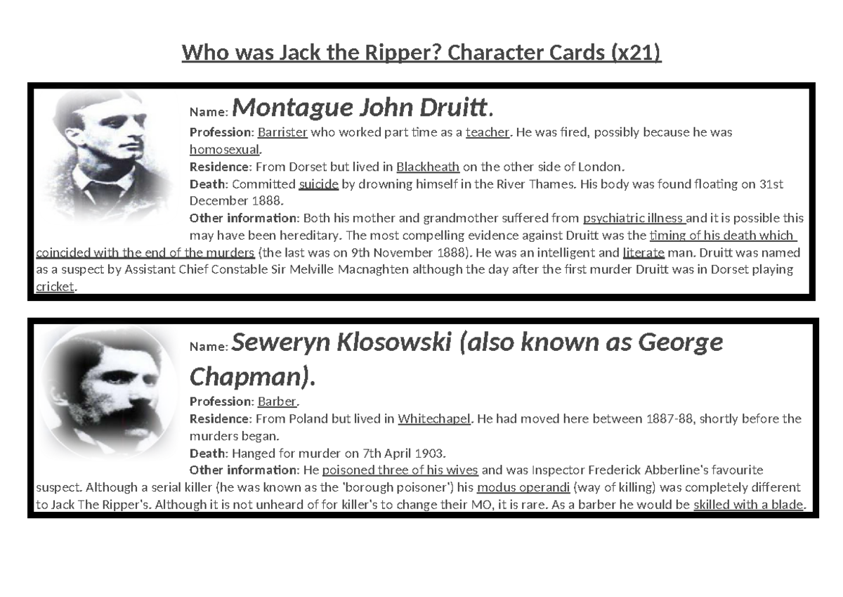 Jack the Ripper: Character Cards & Evidence Analysis (x21) - Studocu