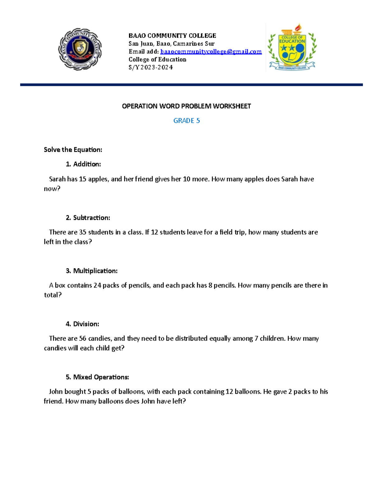 MATH Activity Worksheet: Grade 5 Operation Word Problems - Studocu