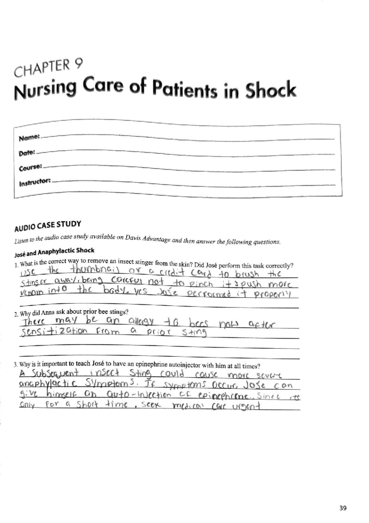 CH 9 Nursing Care of Patients in Shock - Study Guide & Worksheets - Studocu