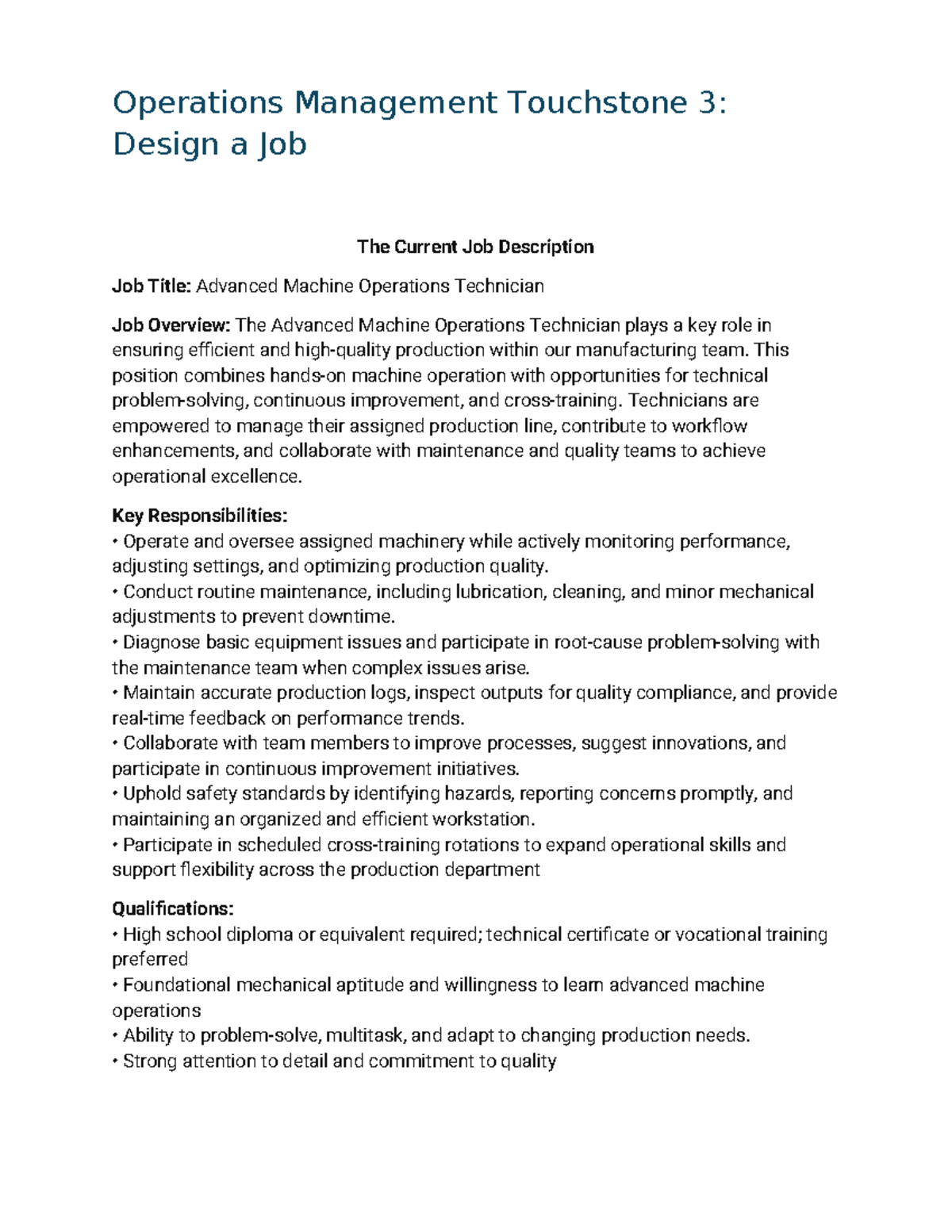 OM Touchstone 3: Redesigning the Advanced Machine Operations Technician ...