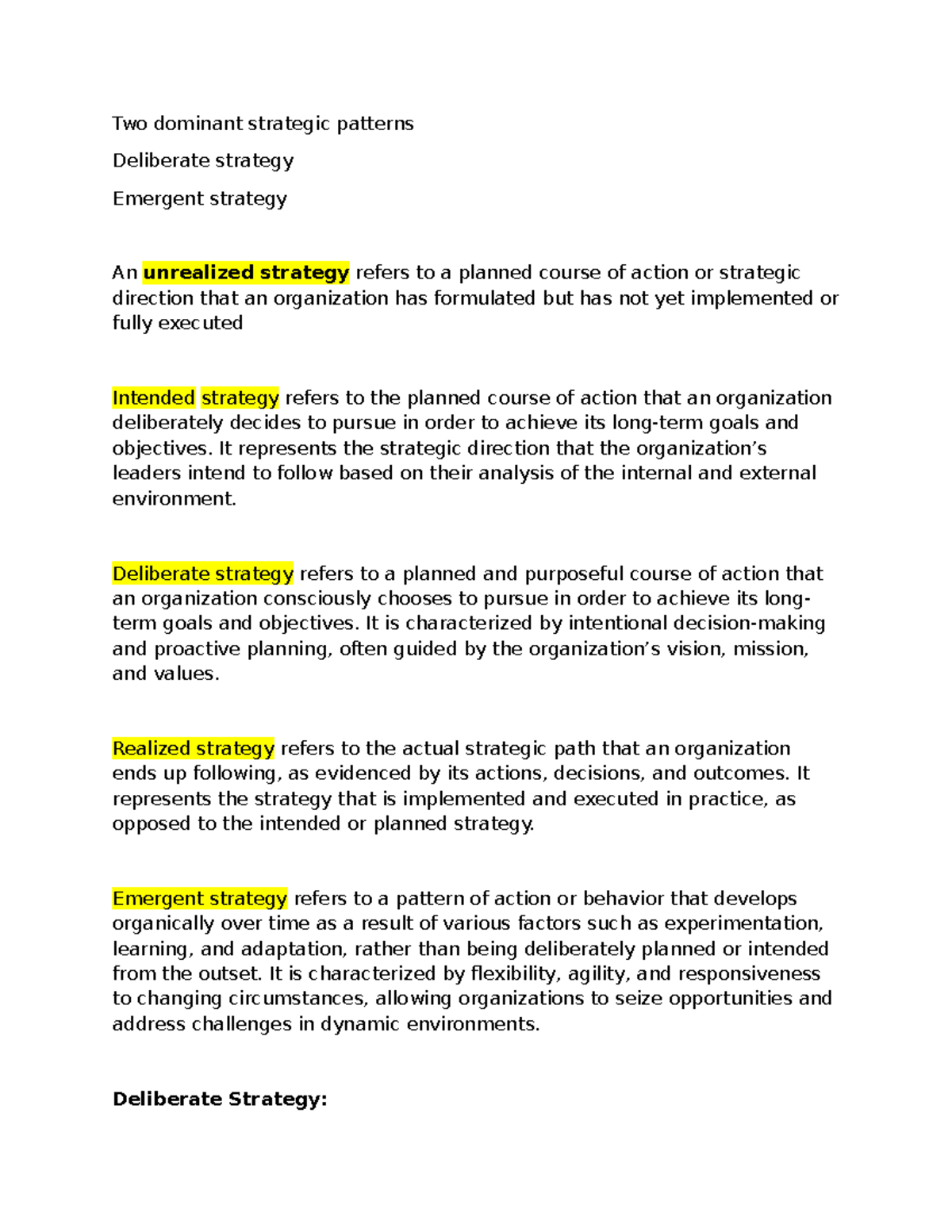 Hshs - Summary Accountancy - Two dominant strategic patterns Deliberate ...