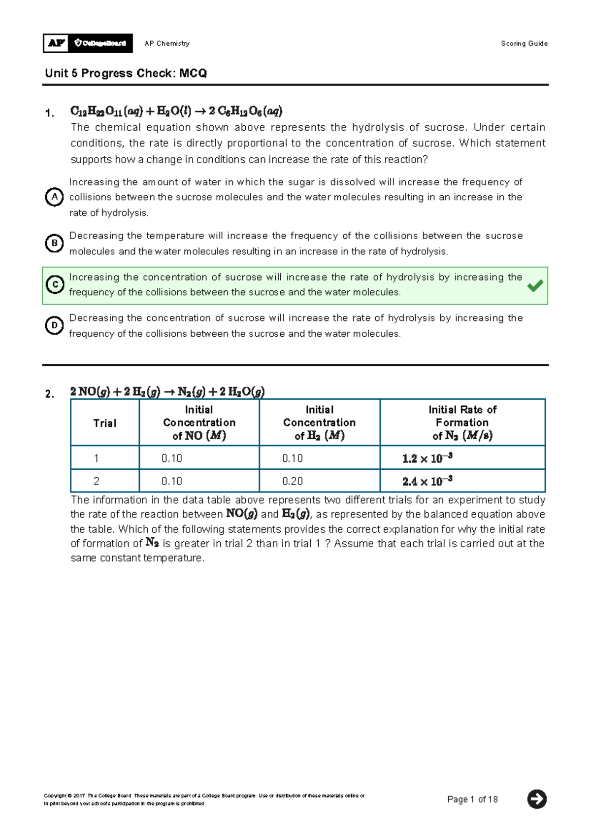 AP Chemistry Unit 5 Progress Check: MCQ Scoring Guide - Studocu