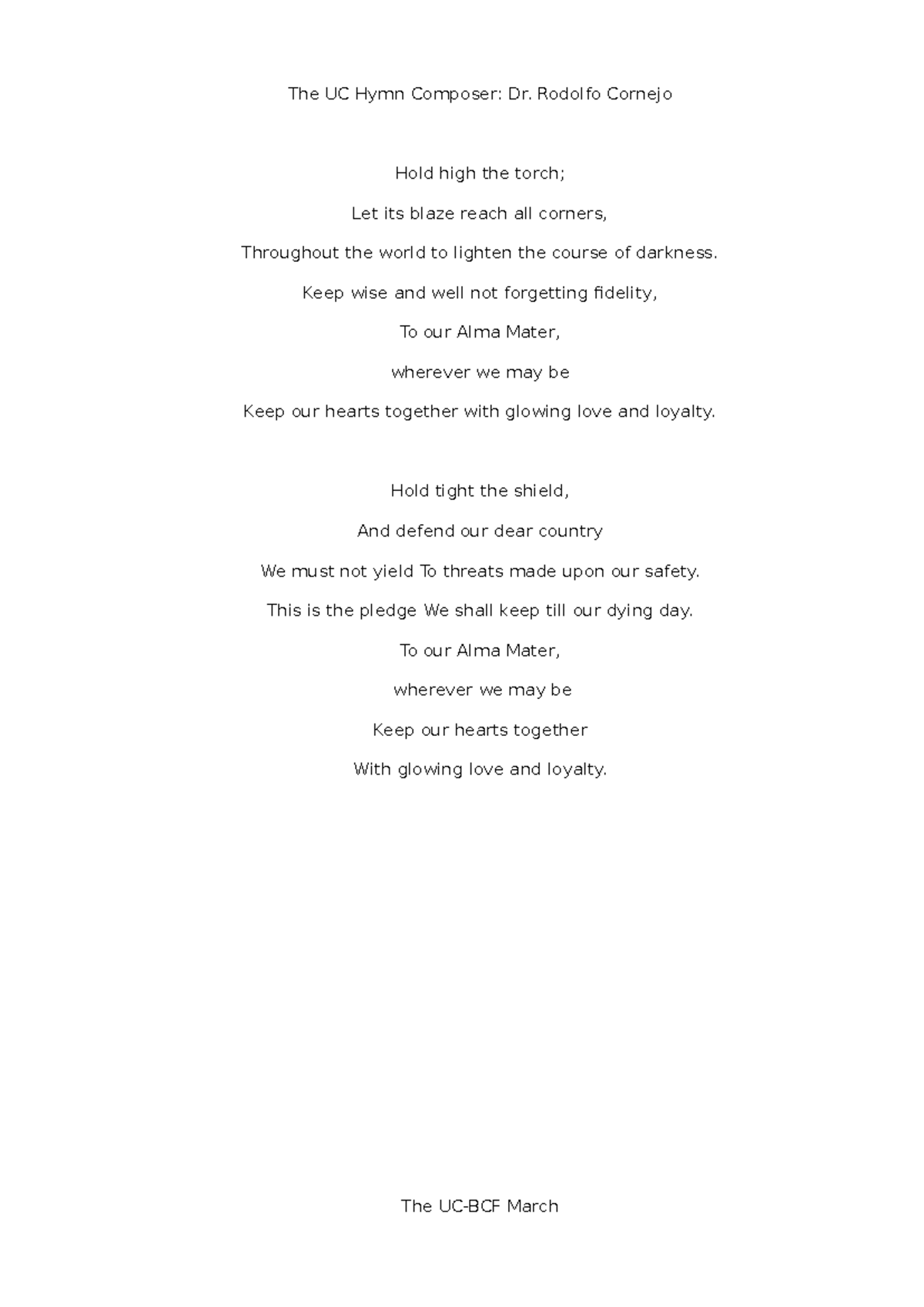 UC Hymn and March - Lyrics and Composer Details (Dr. Cornejo) - Studocu