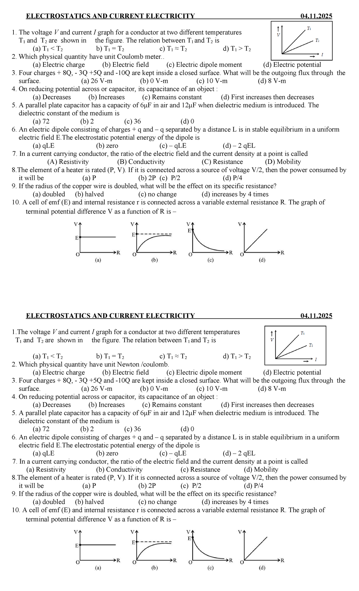 Electrostatics & Current Electricity MCQ Test (Course Code: 04) - Studocu