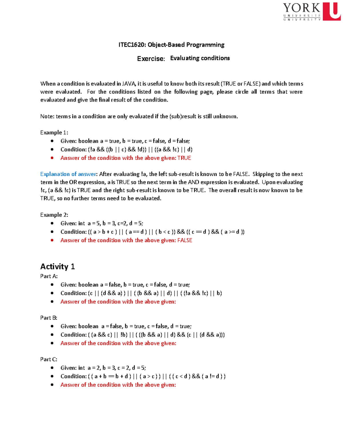 ITEC 1620 Week 4 Tutorial 3: Evaluating Conditions in Java - Studocu