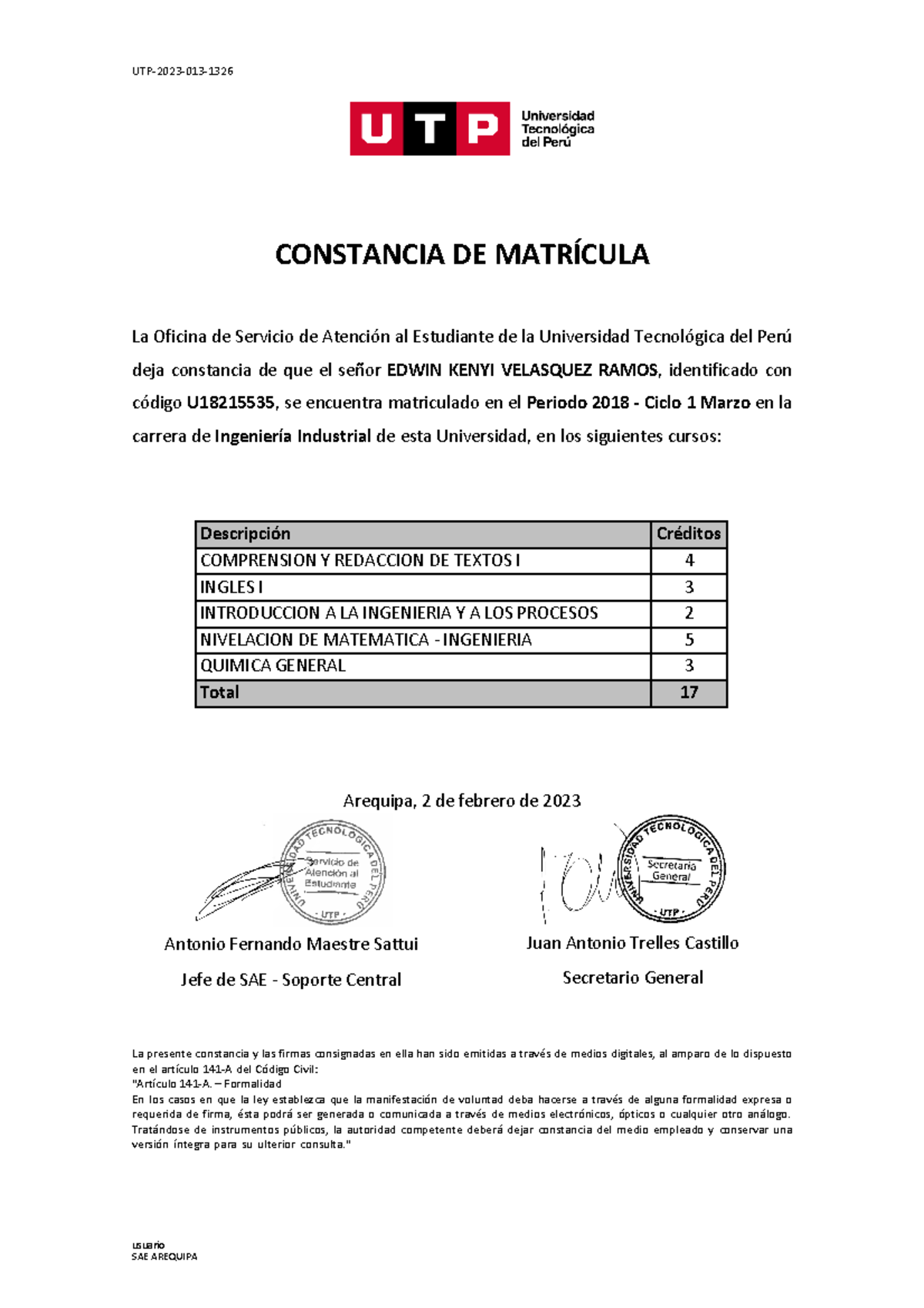 Constancia de matrícula de primera matricula - UTP-2023-013- CONSTANCIA ...