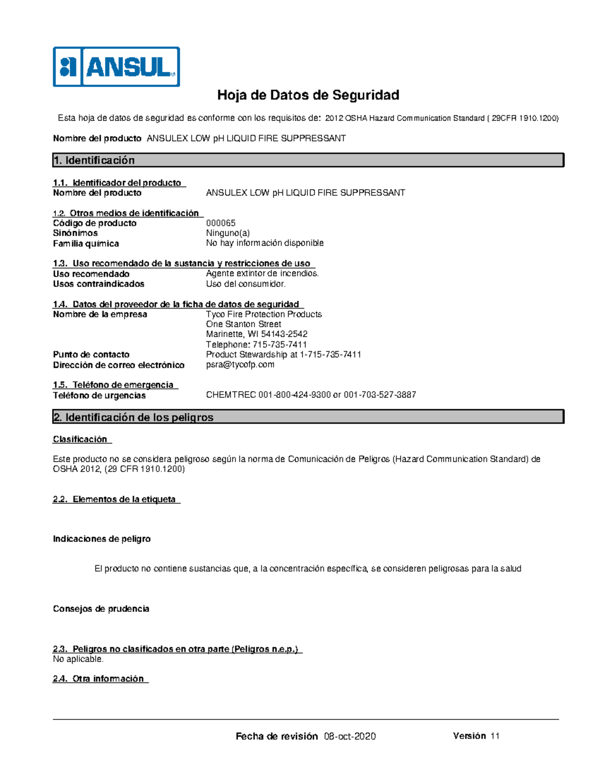 Hoja de Datos de Seguridad: Ansulex LOW pH Liquid FIRE Suppressant MTR ...