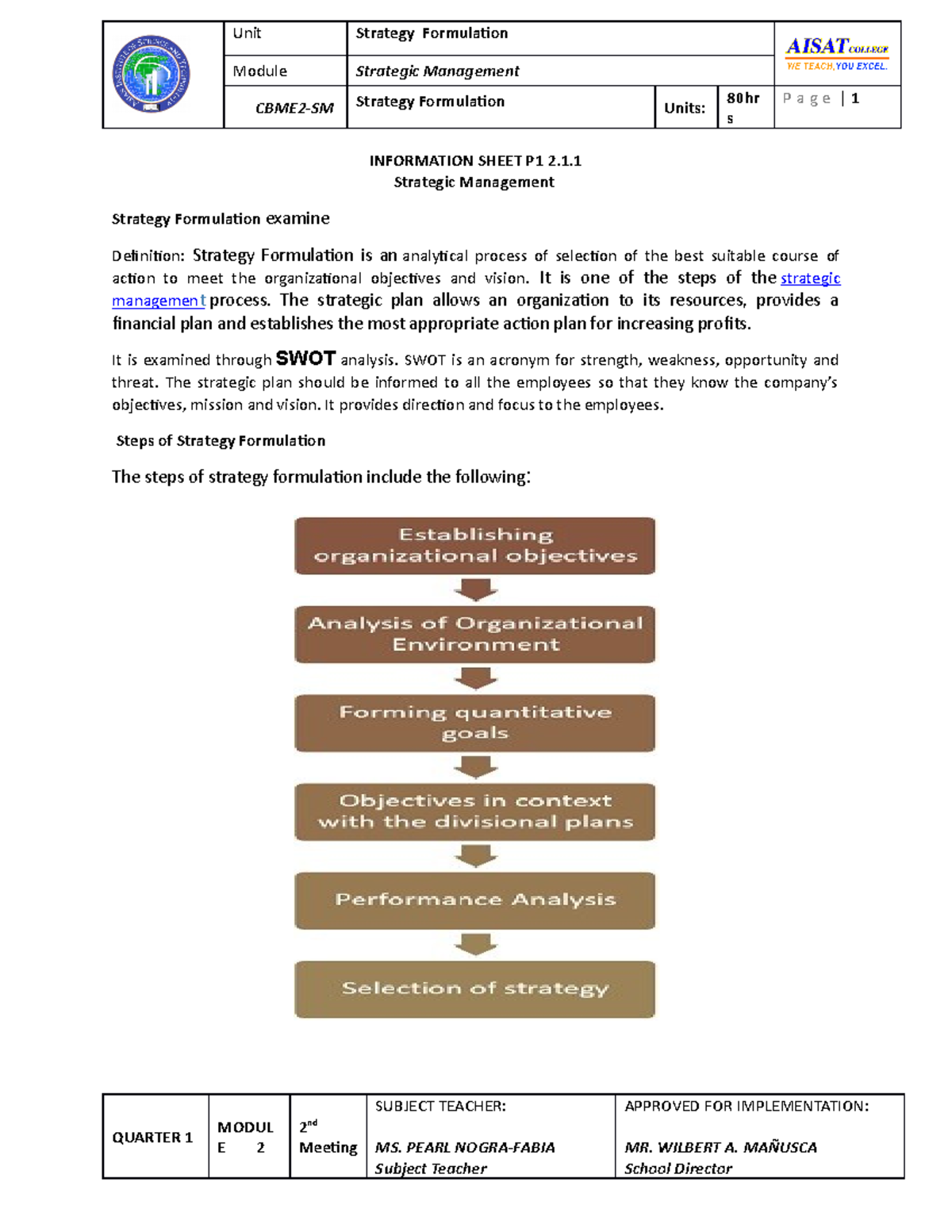 PNF Module 2 Strategic Mgt - Module Strategic Management CBME2-SM Strategy Formulation Units ...