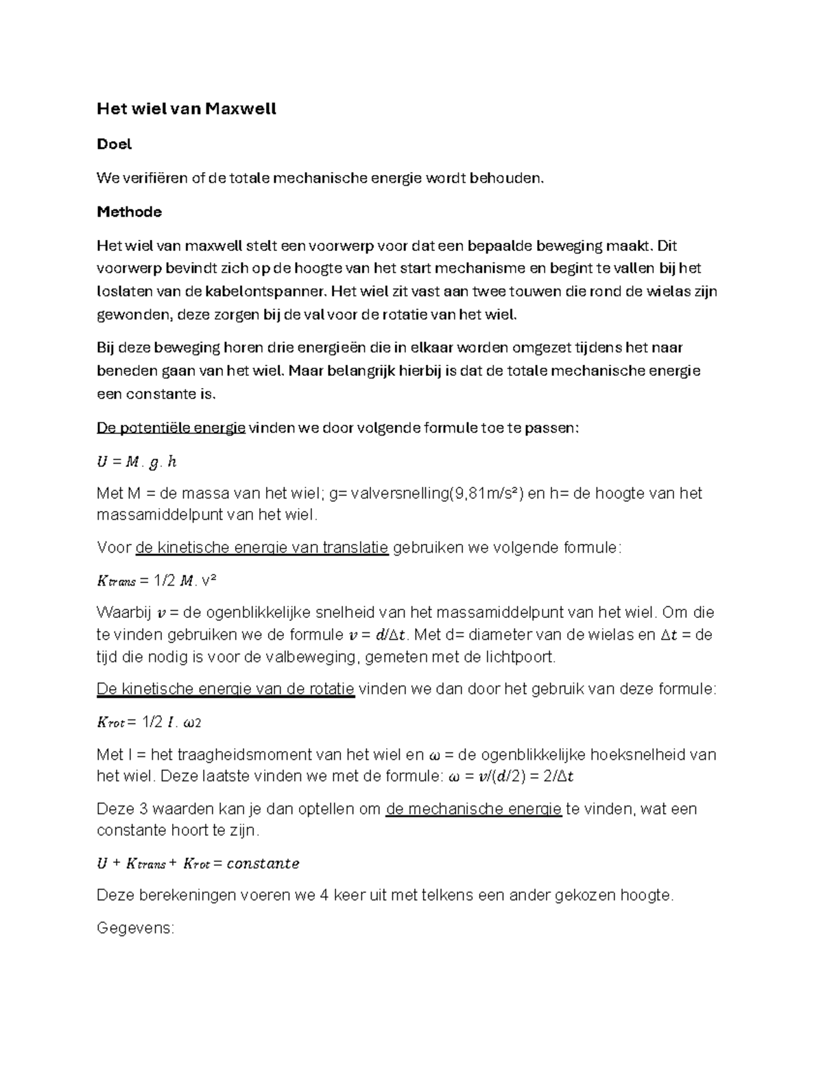 Het wiel van Maxwell - Verificatie van Mechanische Energie Behoud - Studocu