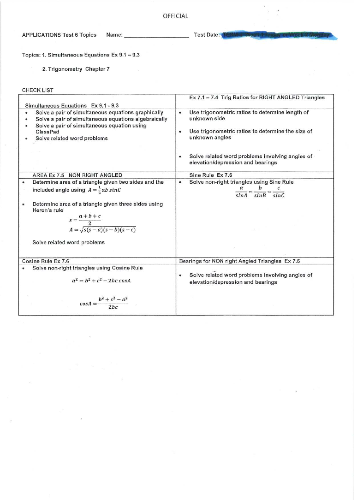 Year 11 Applications Test 6 Study Notes: Simultaneous Equations & Trig ...