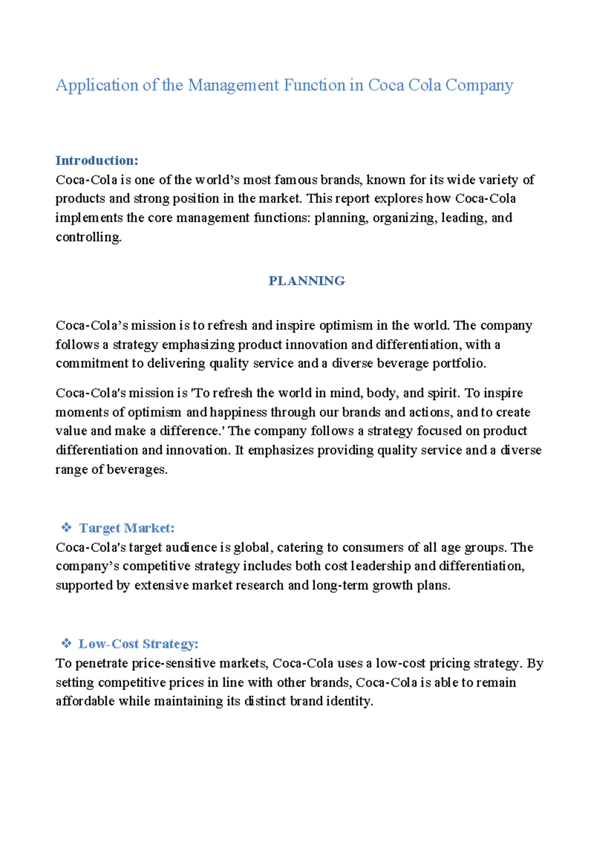 Coca-Cola Management Functions Overview: Strategies & Insights - Studocu