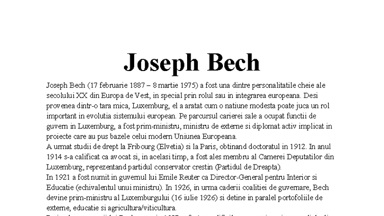 Joseph Bech: Pionier al Integrării Europene (1887-1975) - Studocu