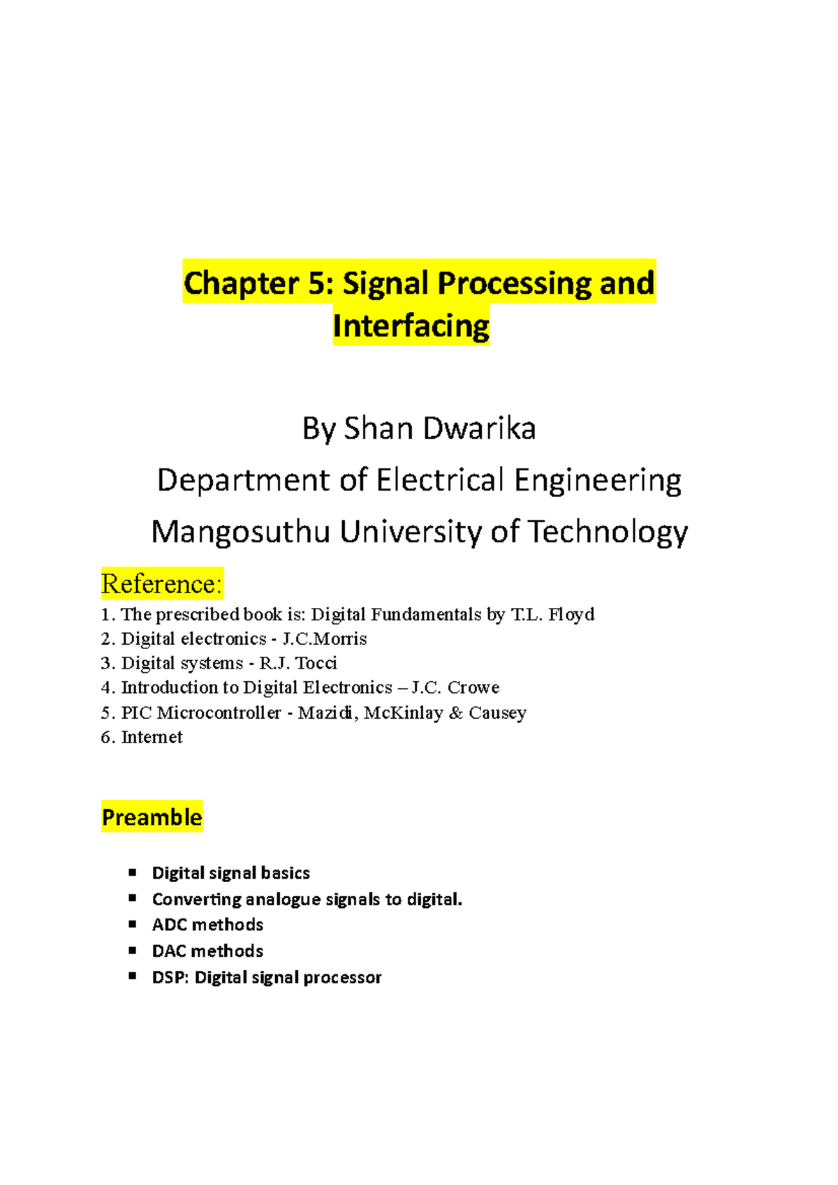 Chapter 5: Digital Signal Interfacing & Processing (EE 101) - Studocu