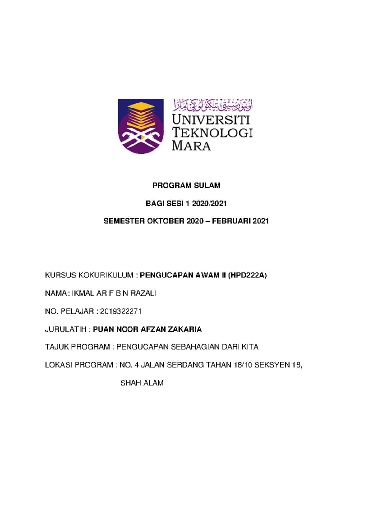 Laporan Sulam (example) latest version 2021 - PROGRAM SULAM BAGI SESI 1 ...