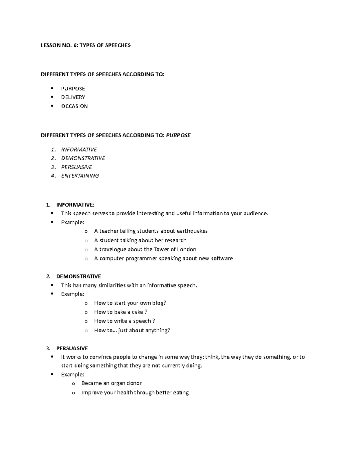 Purcom CH 6: Understanding Different Types of Speeches - Studocu