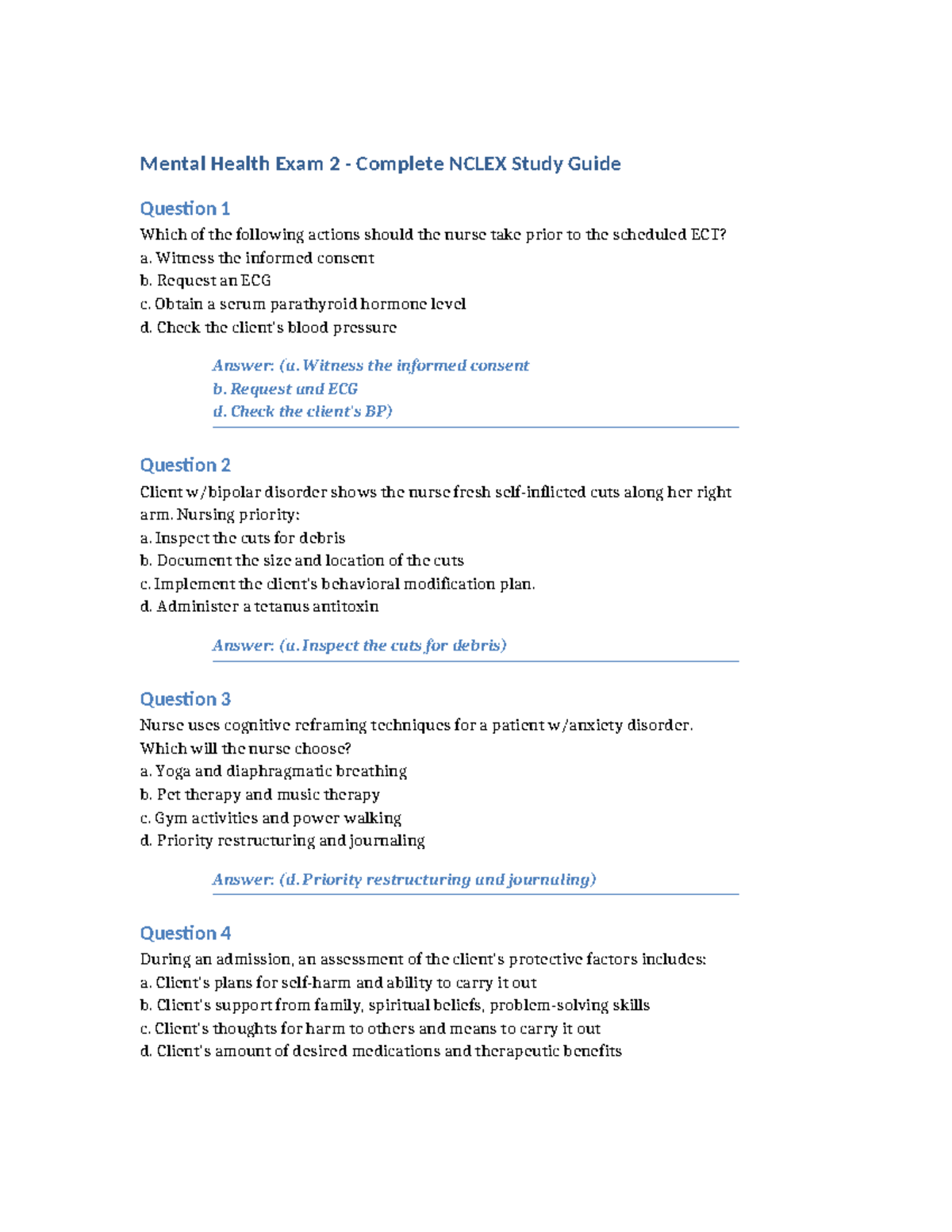 Mental Health Exam 2 Comprehensive NCLEX Study Guide - Studocu