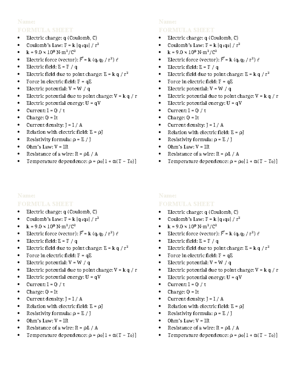 General Physics 2: Essential Formula Sheet for Quick Reference - Studocu