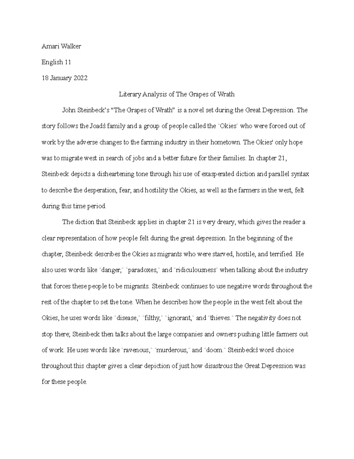 LIterary Analysis Essay - The Grapes of Wrath - Amari Walker English 11 ...