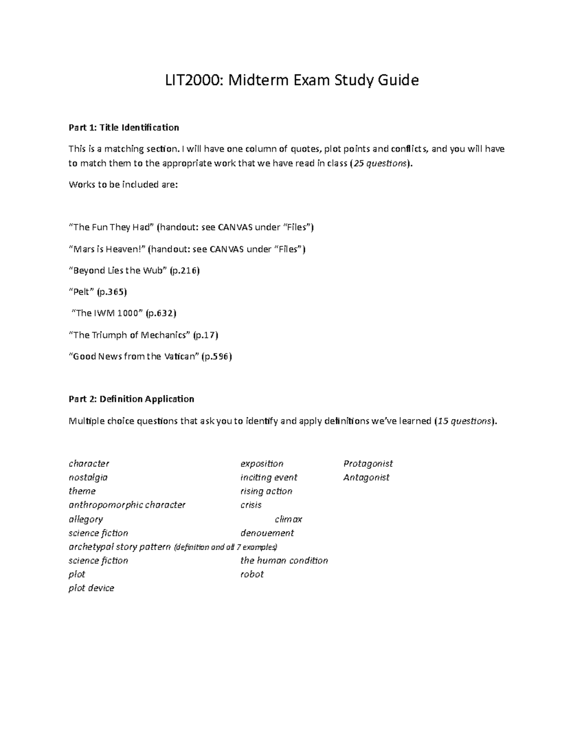 LIT2000: Midterm Exam Study Guide with Key Works & Definitions - Studocu
