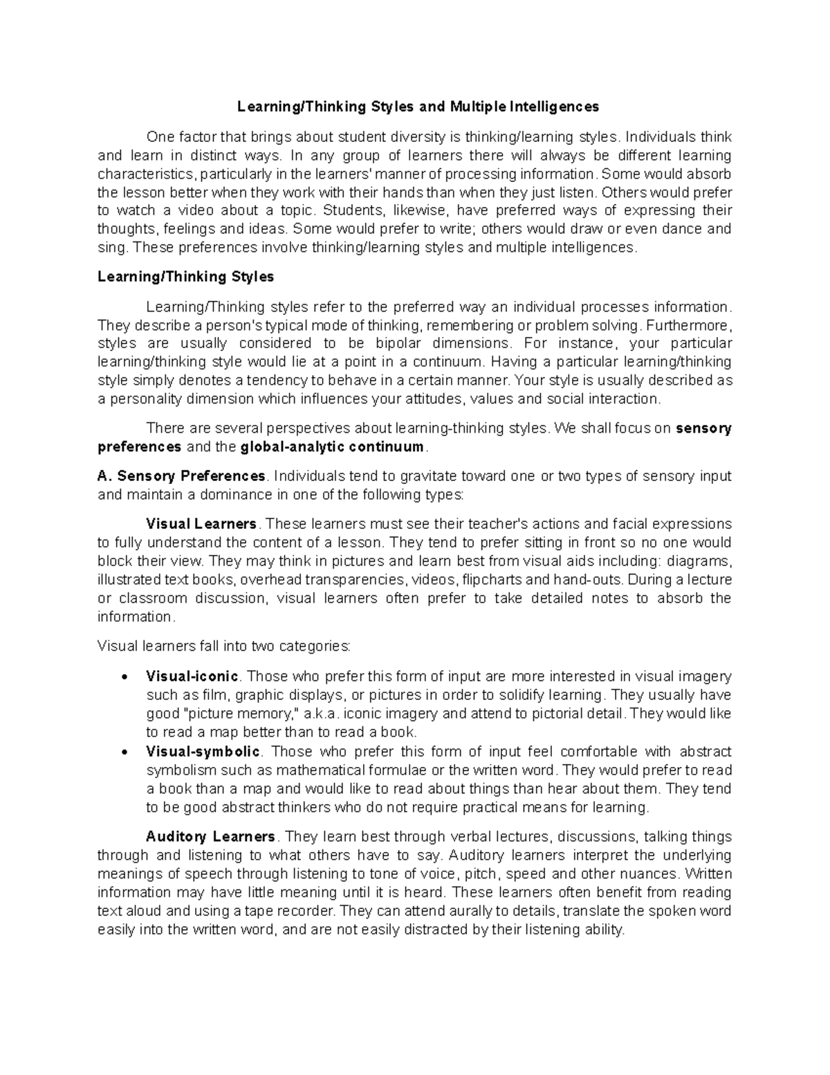 Chapter 5 Learning Thinking Styles and Multiple Intelligences - Learning/Thinking Styles and ...