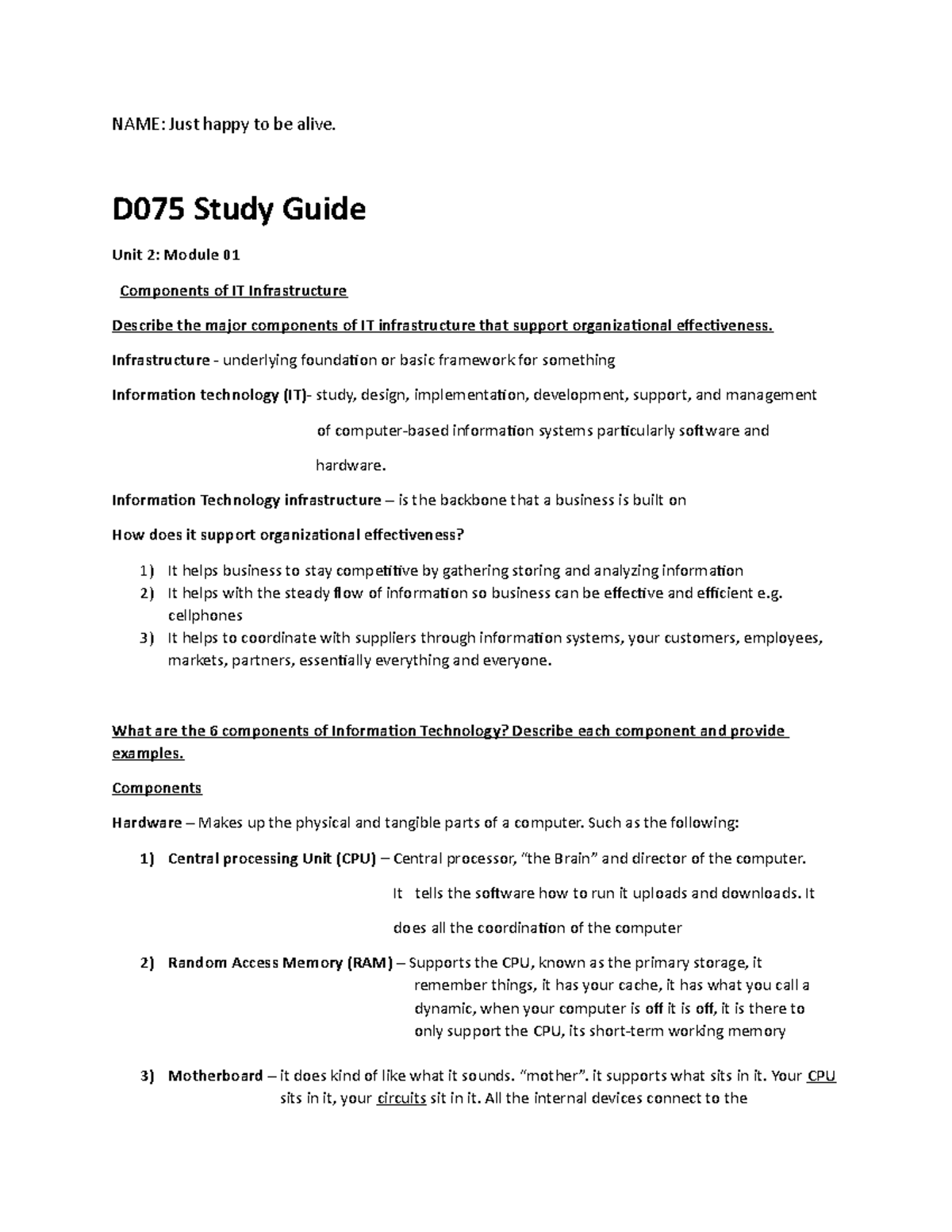 D075 Final Exam Study Guide: IT Infrastructure Components Overview ...