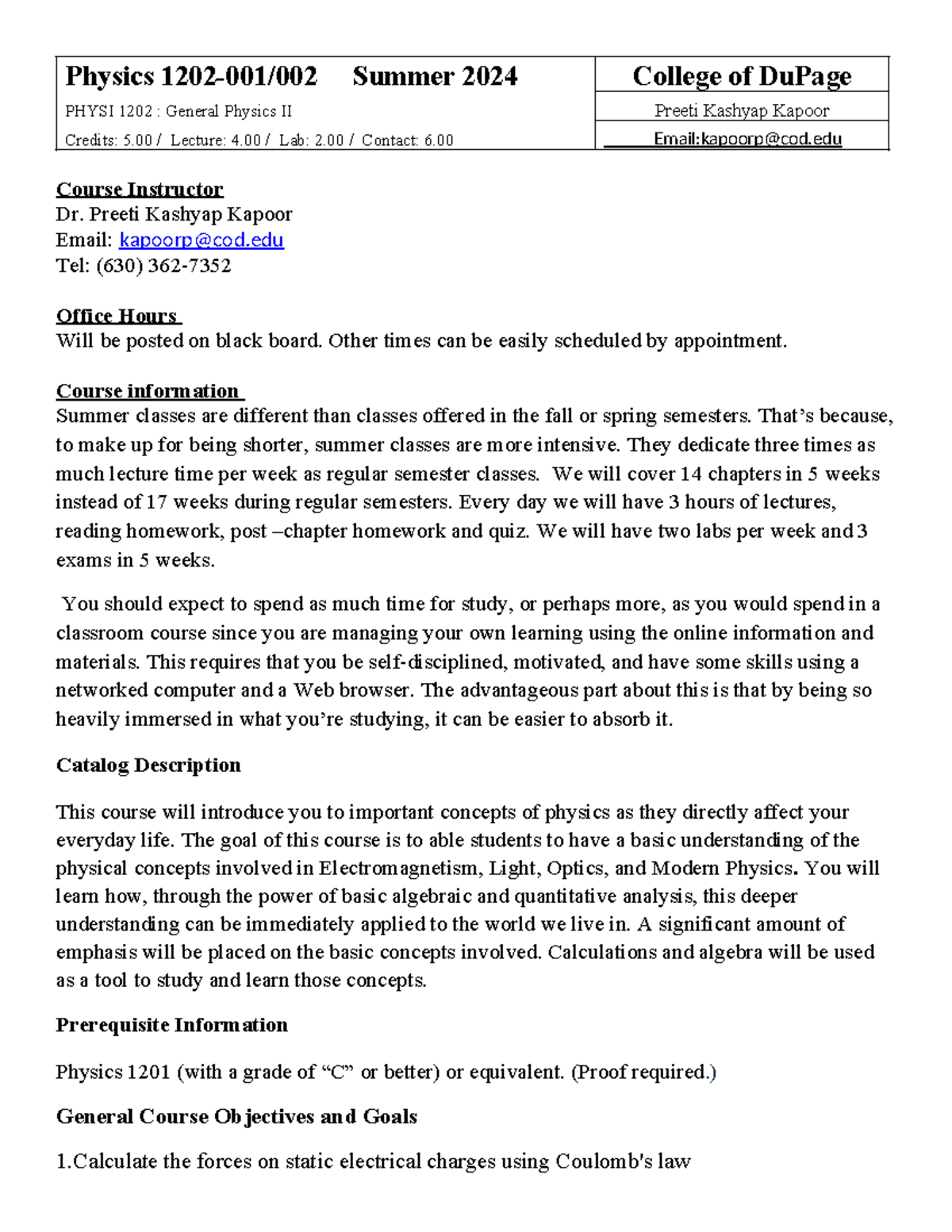 Syllabus for PHYSI 1202: General Physics II - Summer 2024 - Studocu