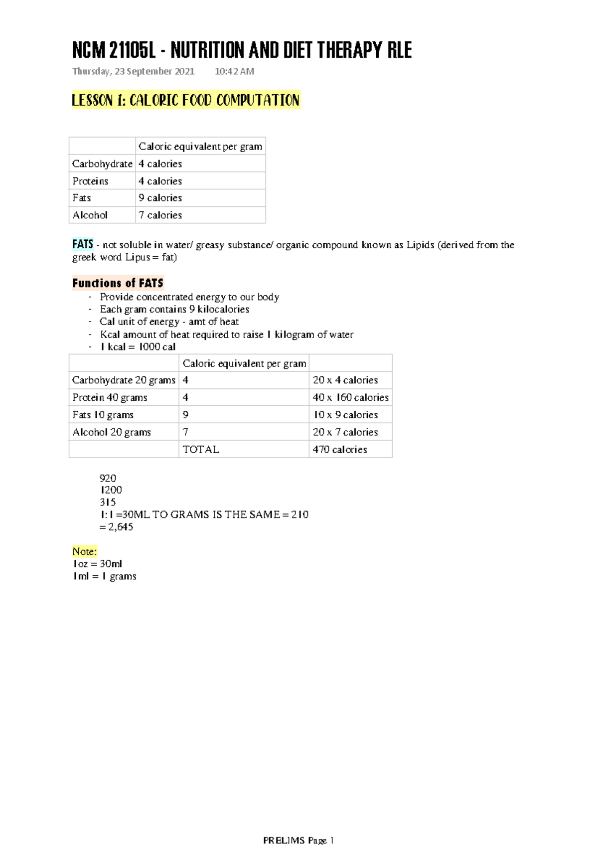 NCM 21105L Lesson on Caloric Food Computation in Diet Therapy - Studocu