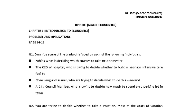 BT11703 (MACROECONOMICS) Tutorial Questions: Chapter 1 Problems - Studocu