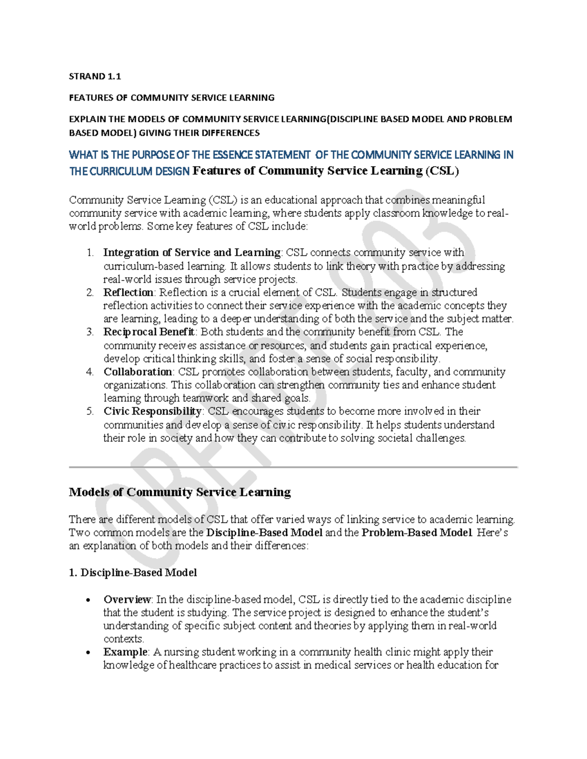 CSL Models and Features: Understanding Community Service Learning ...