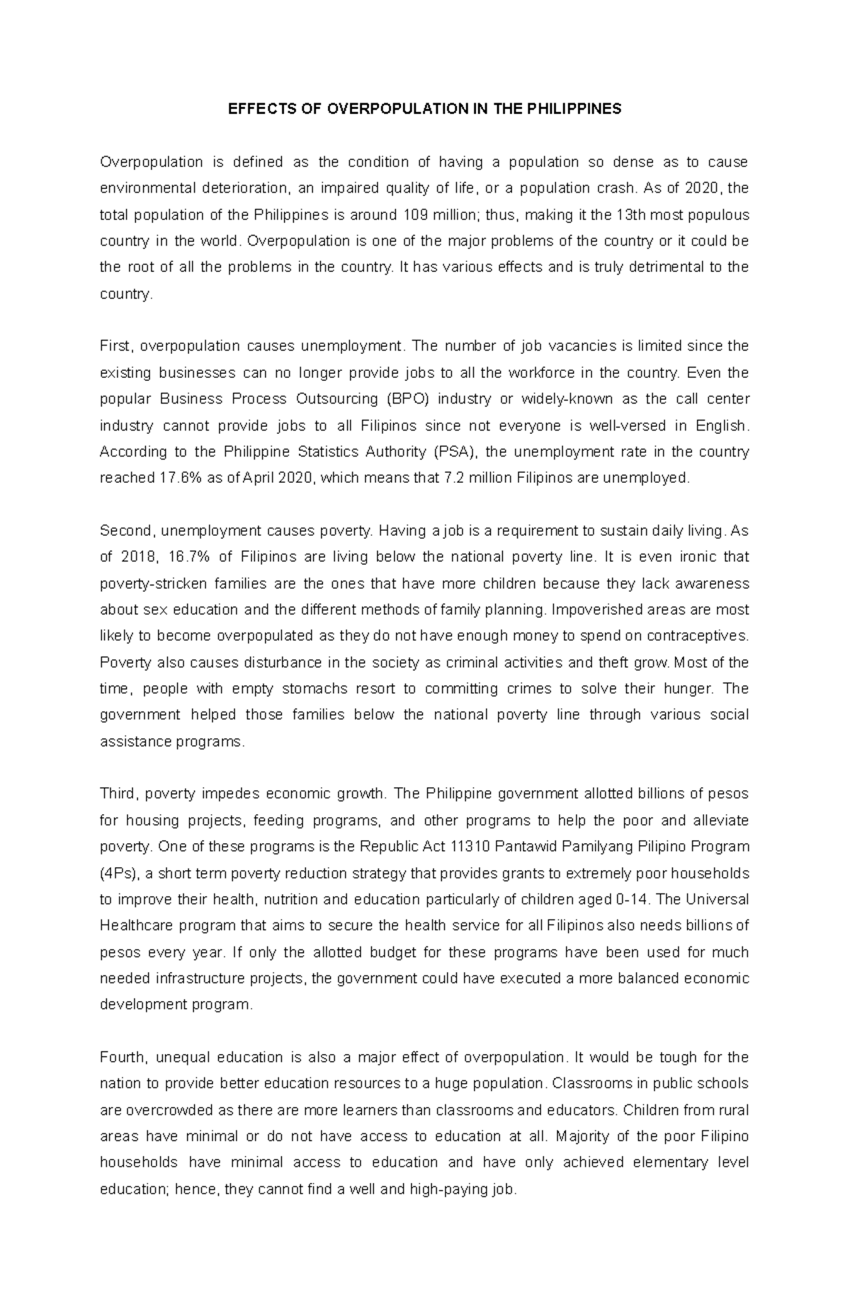 Essay on the Effects of Overpopulation in the Philippines: Insights and ...