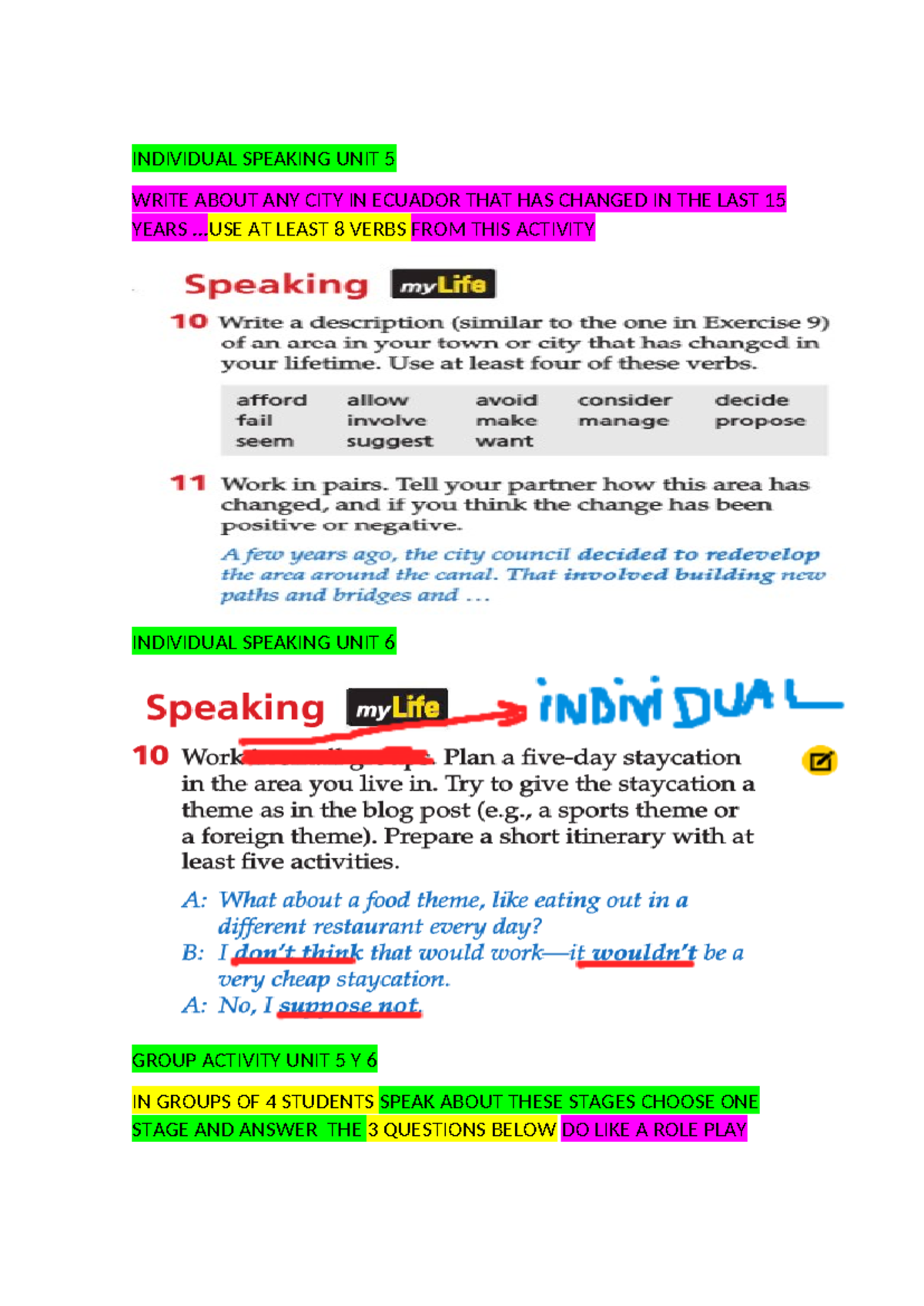Speaking Activities for Units 5 & 6: Individual and Group Tasks - Studocu