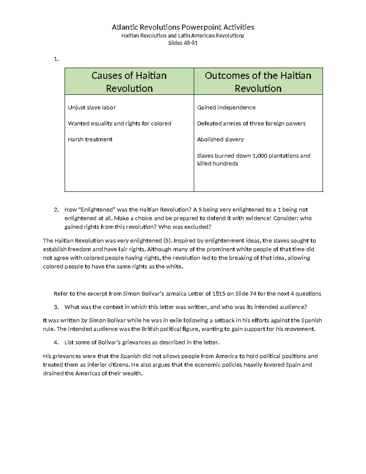 Atlantic Revolutions - Causes of Haitian Revolution Outcomes of the ...
