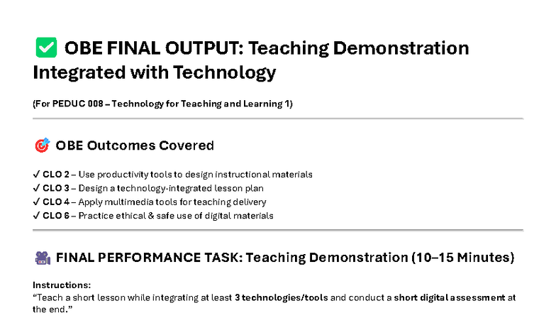 OBE Final Output: Tech-Integrated Teaching Demo for PEDUC 008 - Studocu