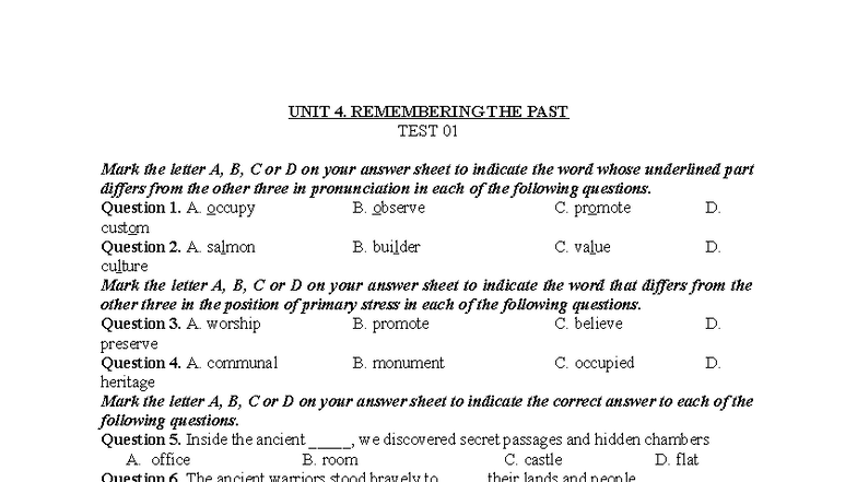 UNIT 4 - REMEMBERING THE PAST TEST 01 - Studocu