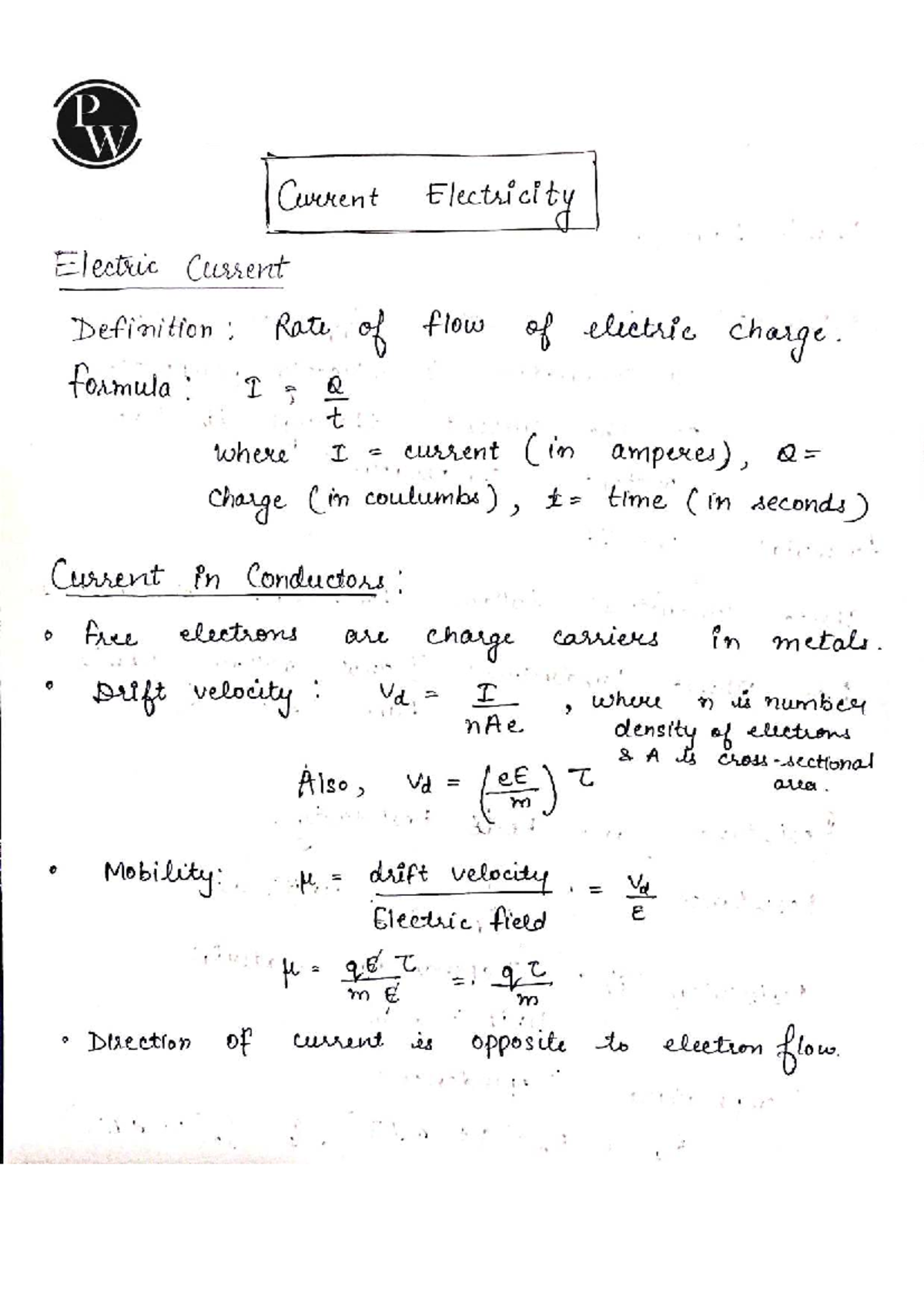 Current Electricity (P W) Handwritten Notes & Key Concepts - Studocu
