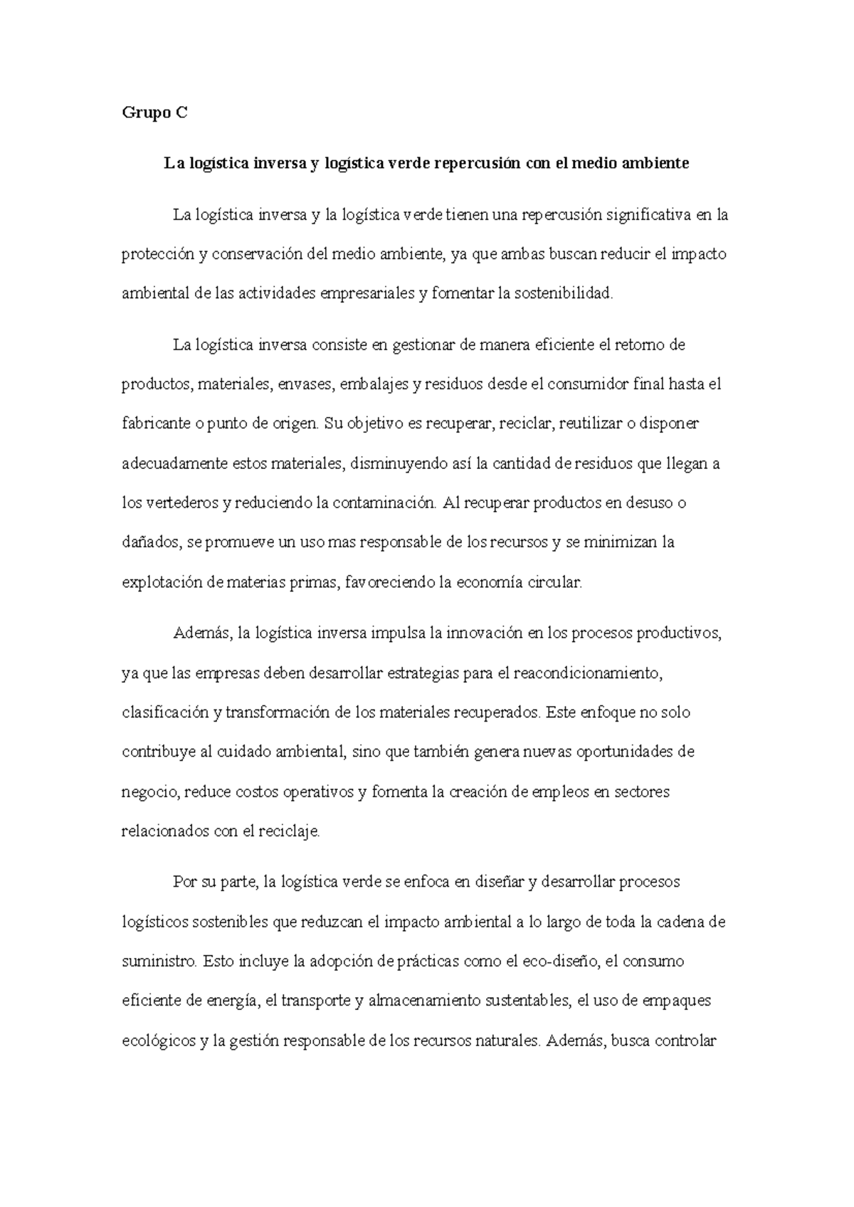 Grupo C: Logística Inversa y Verde - Impacto Ambiental y Sostenibilidad ...