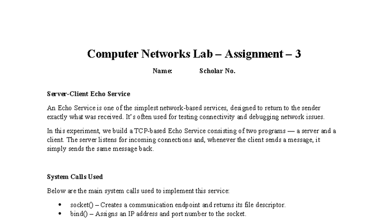 CN Lab3 - Echo Service Implementation in Computer Networks - Studocu