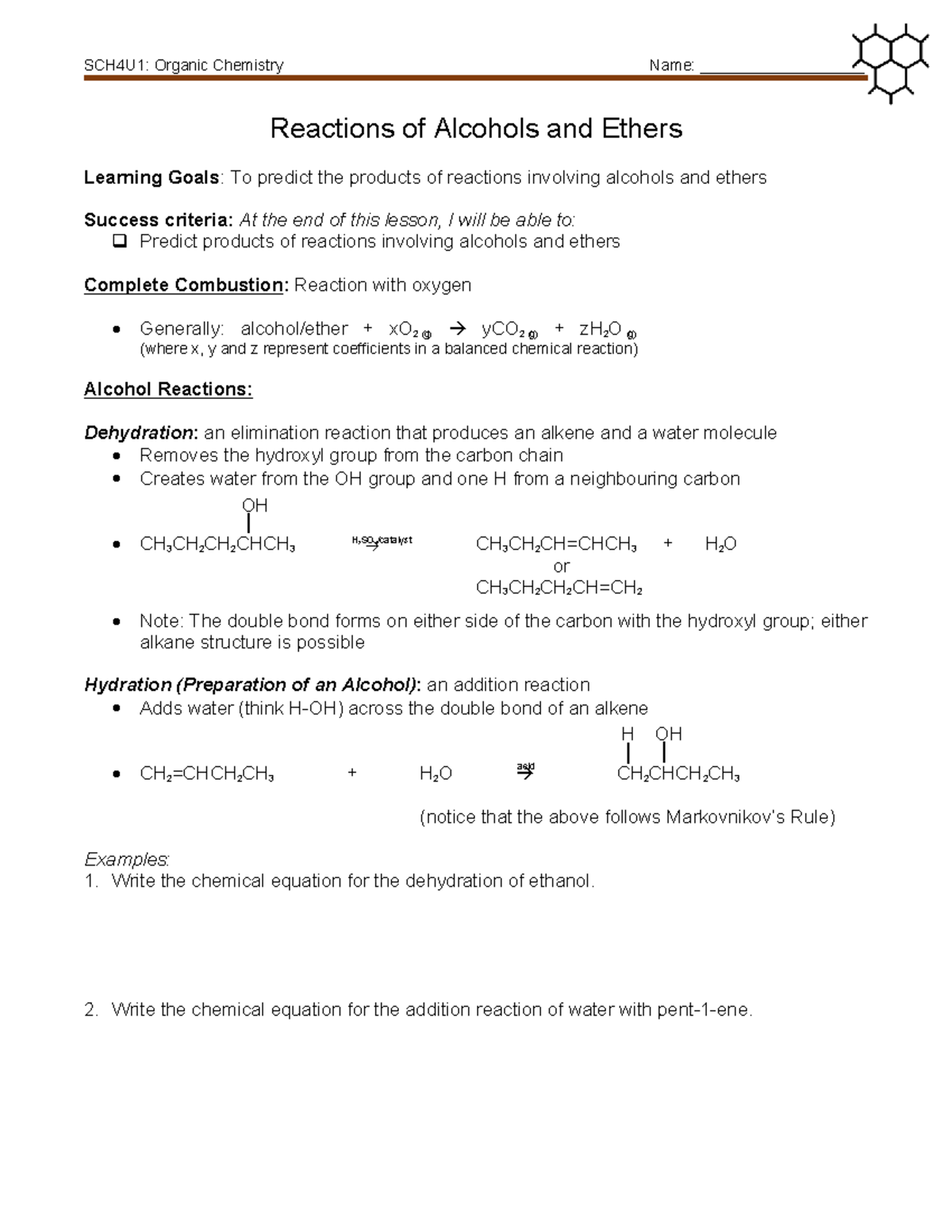 SCH4U1: Final Exam Notes on Reactions of Alcohols & Ethers - Studocu