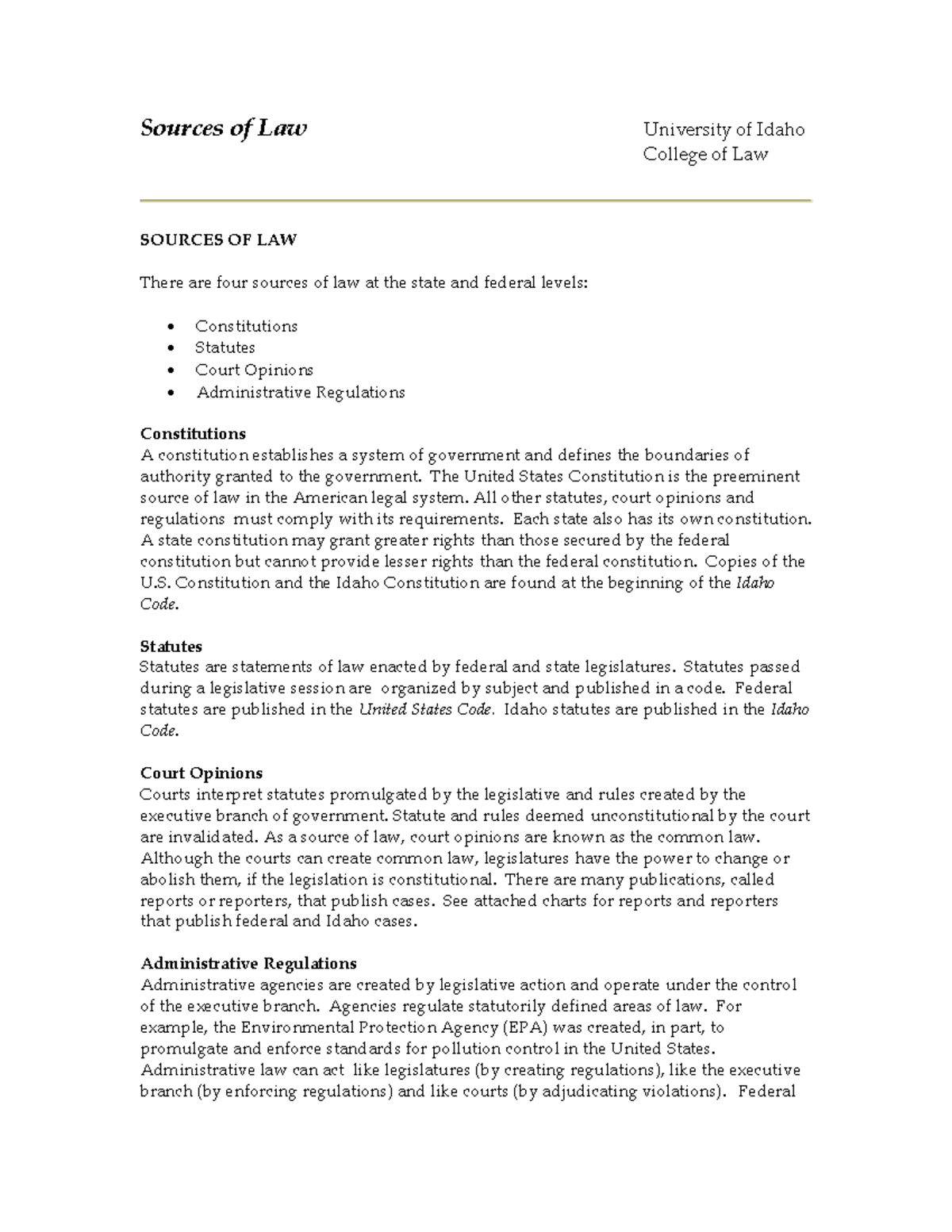 Sources of Law Overview - University of Idaho Law - Studocu