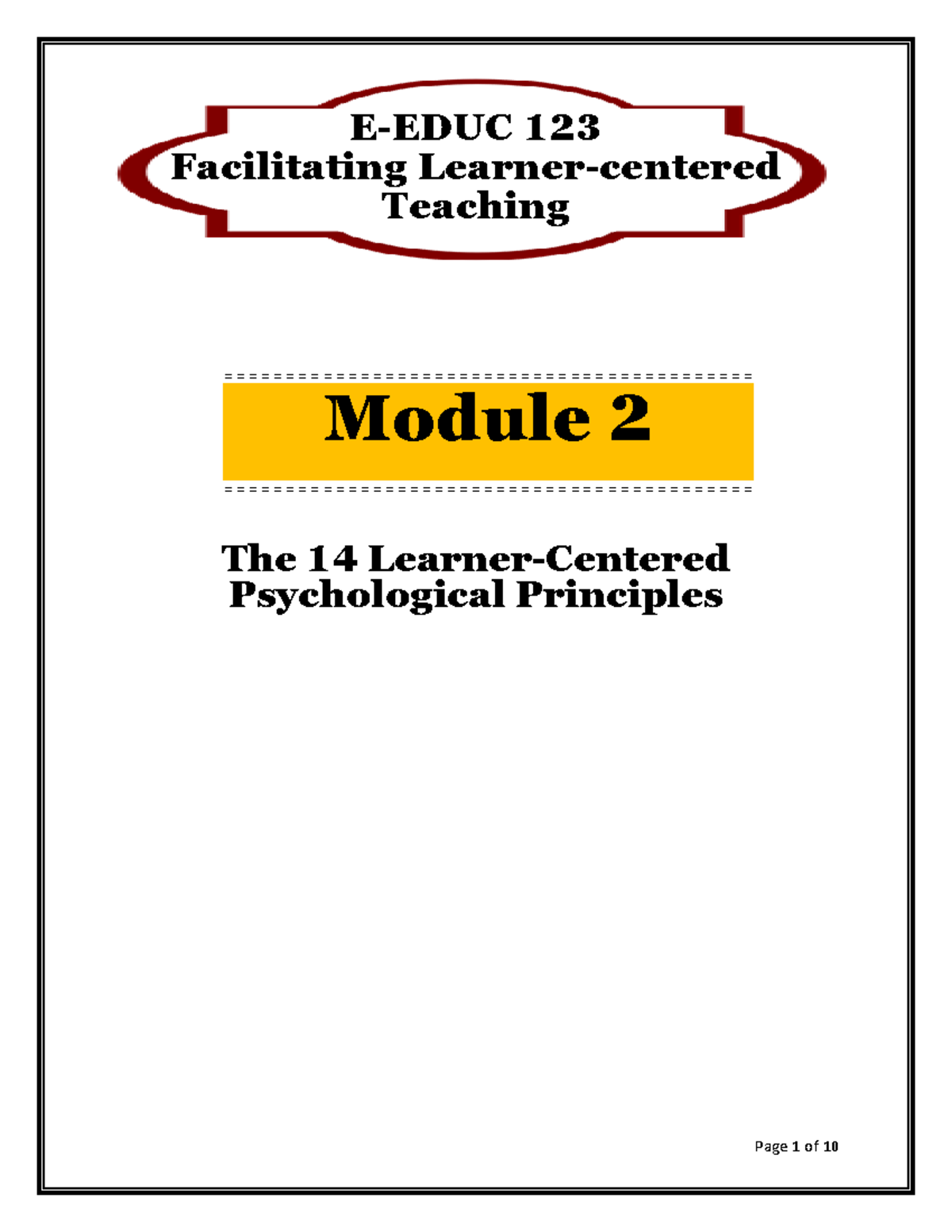 E-EDUC 123 Module 2: Learner-Centered Psychological Principles Study ...