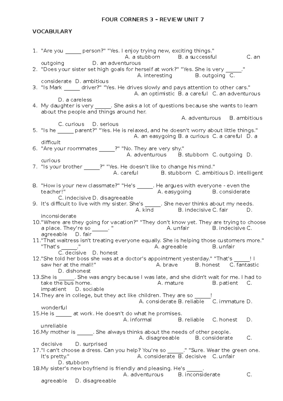 Review for Four Corners 3 - Unit 7 Vocabulary & Grammar - Studocu