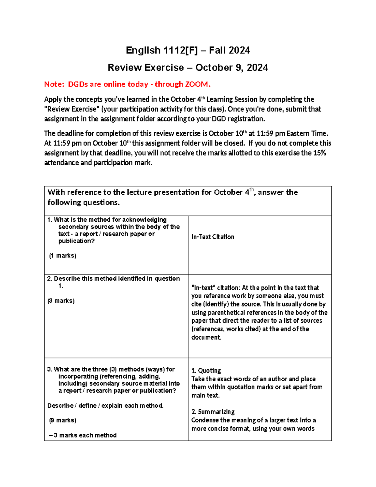 English Fall 2024 Review Exercise - Key Concepts & Citations - Studocu