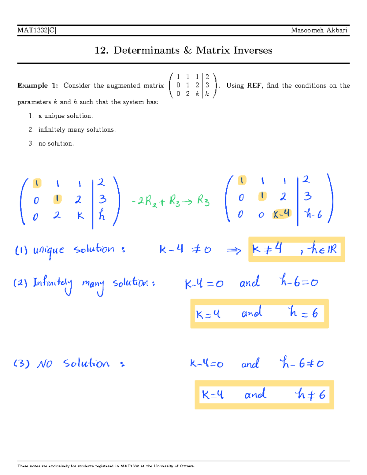 MAT1332 LEC12: Determinants and Matrix Inverses Notes - Studocu