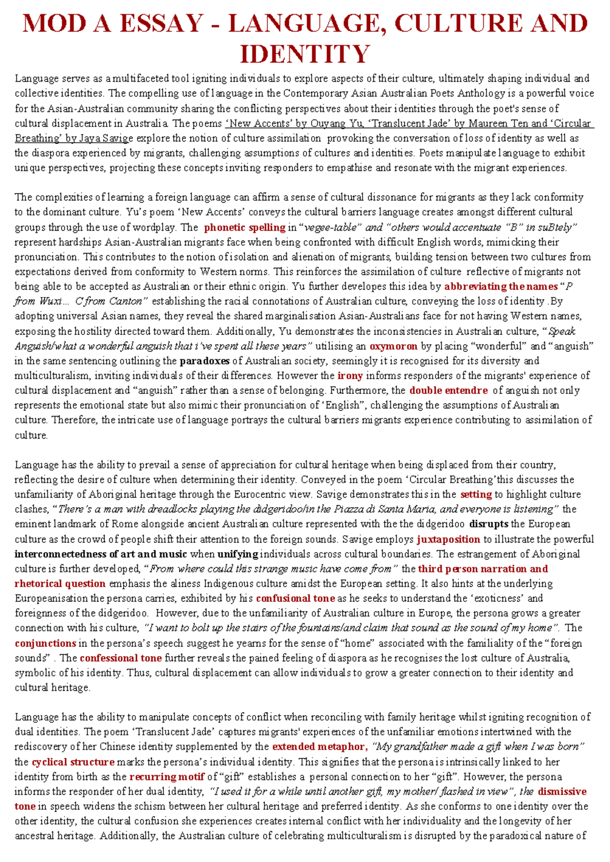 MOD A Essay - Exploring Language, Culture, and Identity in Poetry - Studocu