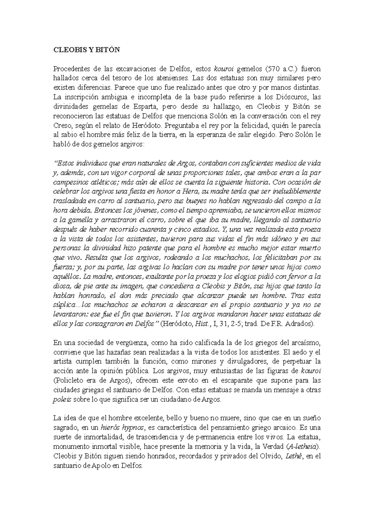 Cleobis Y BITÓN - Carmen Sanchez - CLEOBIS Y BITÓN Procedentes de las ...