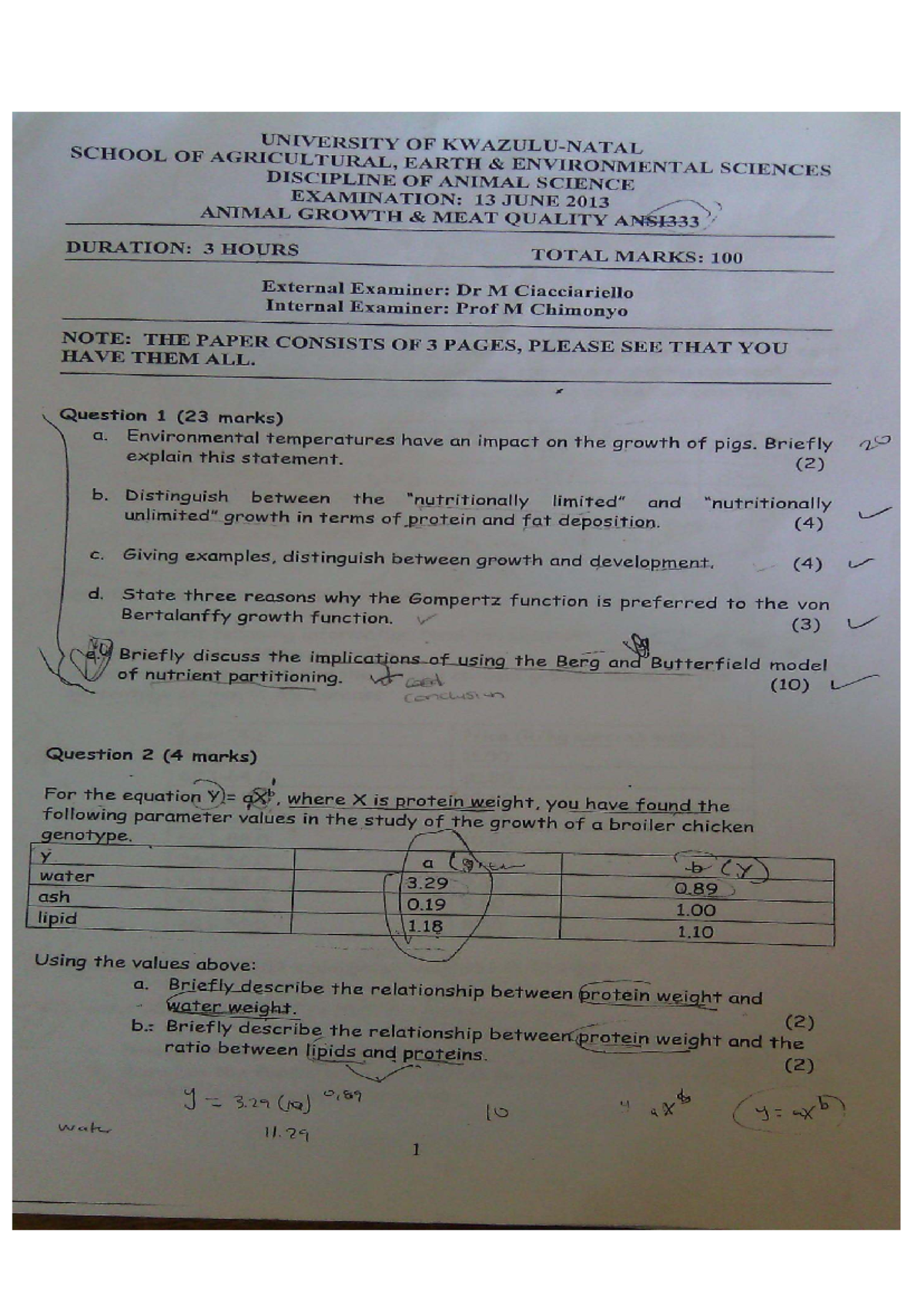 ANIMAL SCIENCE EXAMINATION: GROWTH & MEAT QUALITY (333) - 13 JUNE 2013 ...