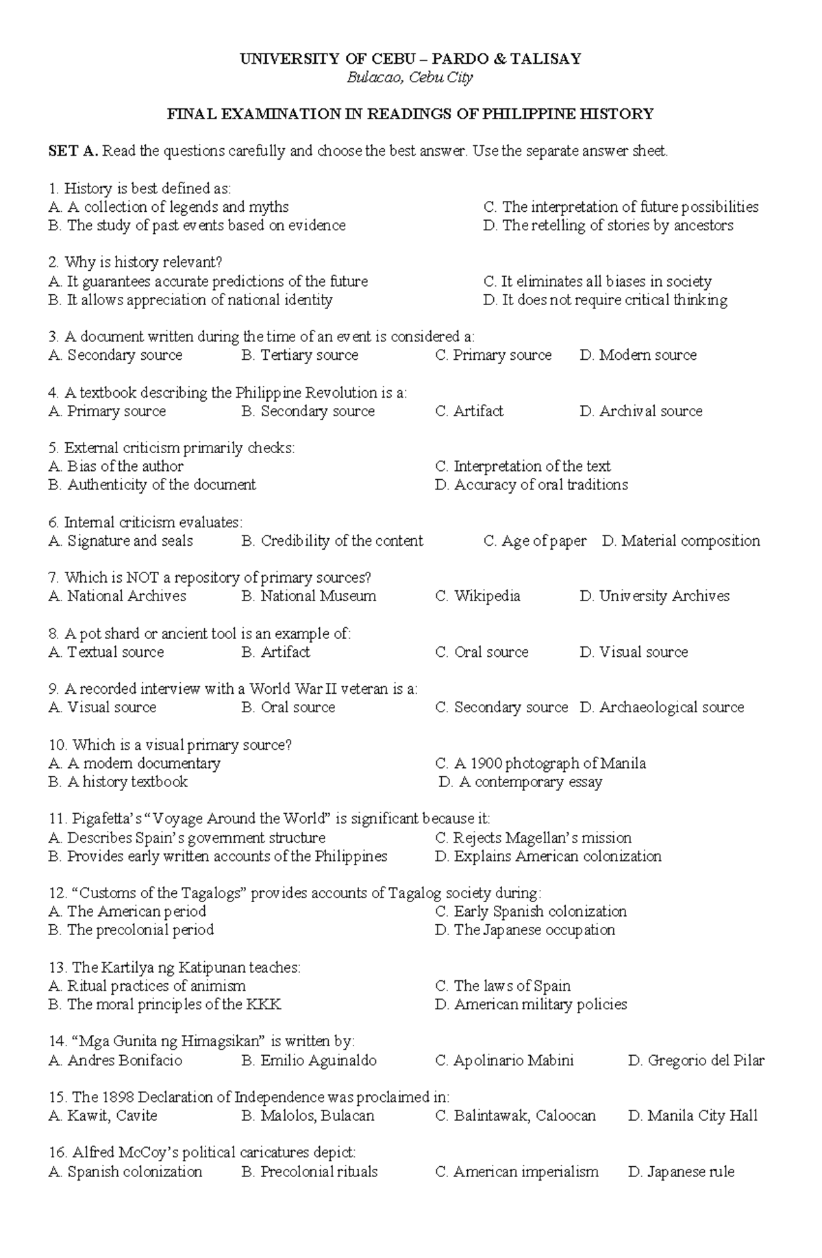 FINAL EXAMINATION IN READINGS OF PHILIPPINE HISTORY (RPH) SET A & B ...